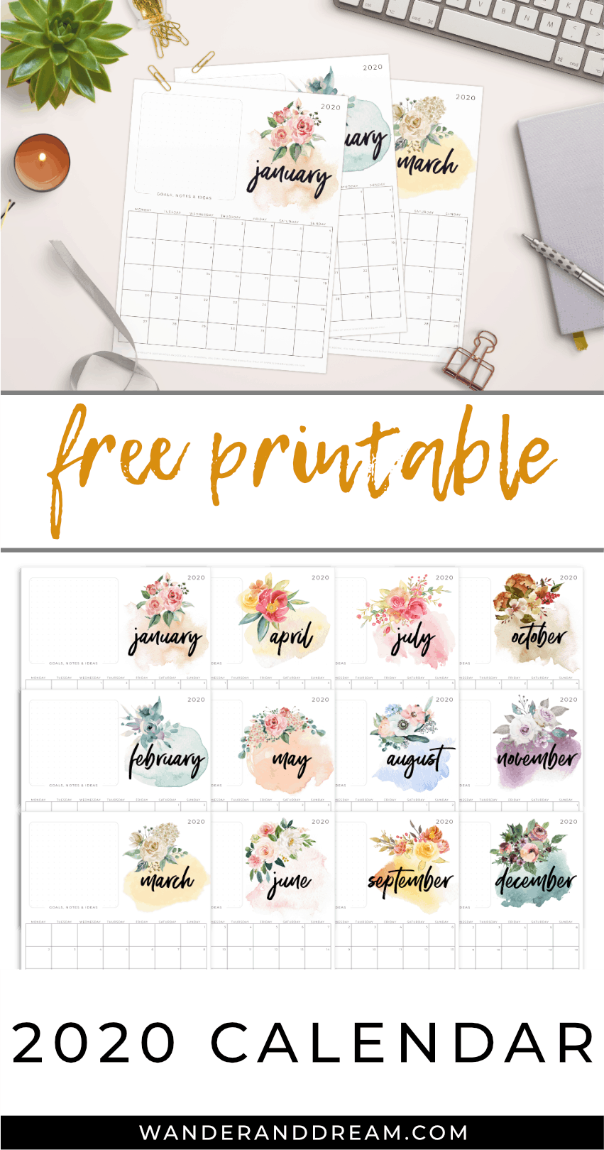Free 2020 watercolour floral printable calendar - WANDER & DREAM