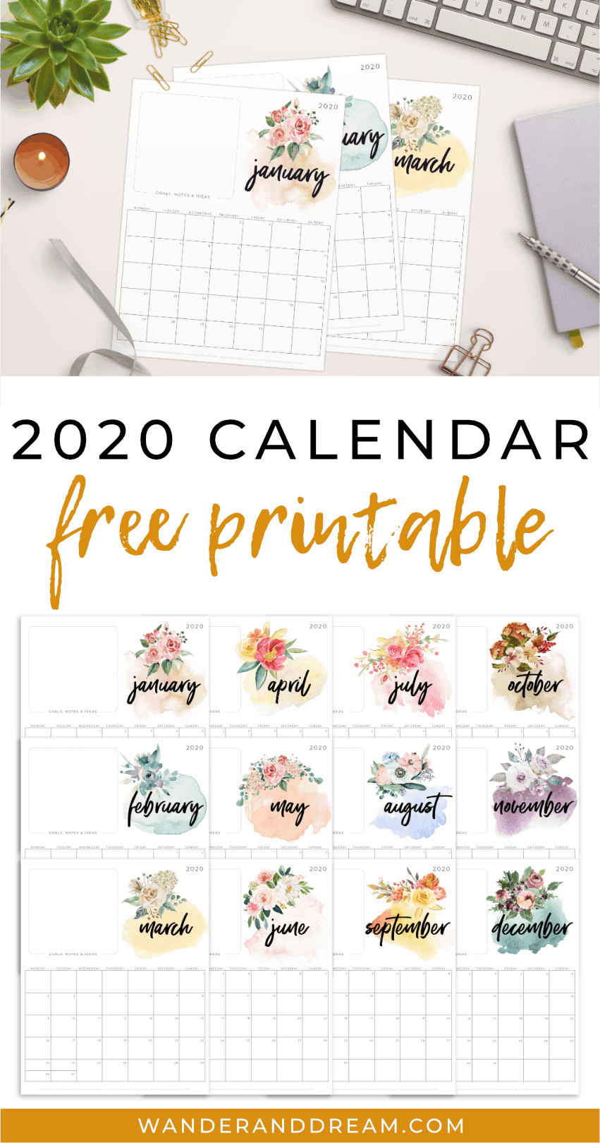 Free 2020 watercolour floral printable calendar - WANDER & DREAM